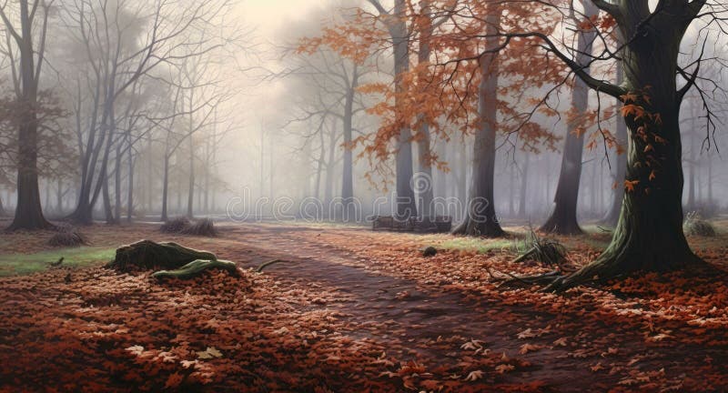 Autumnal Path in Misty Forest Stock Illustration - Illustration of ...