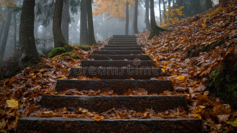 Misty Autumn Forest Path with Leaf-covered Steps in Tranquil Woodland ...