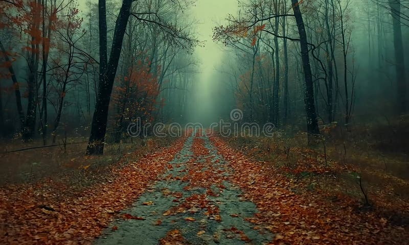 Misty autumn forest path stock video. Video of mystery - 372299595