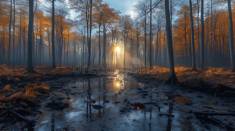 Misty Autumn Forest Path with Sun Rays Reflecting on a Puddle Stock ...