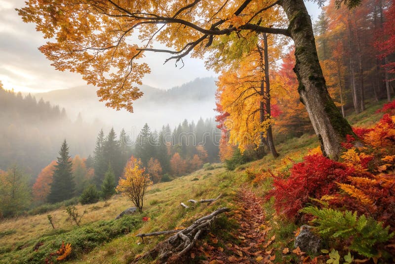 Misty Autumn Forest Path with Vibrant Foliage Stock Illustration ...