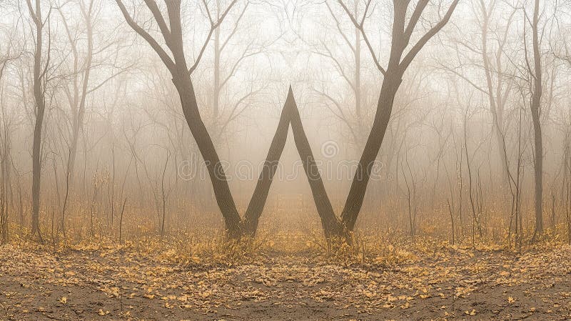 Misty Autumn Forest Path, W Shaped Trees, Fog Stock Photo - Image of ...