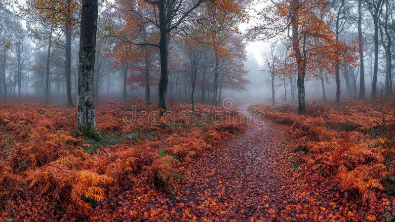 Misty Autumn Forest with Red Leaf Pathway. Stock Illustration ...
