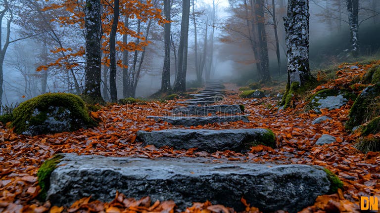 Misty Autumn Forest Stone Steps Path Stock Illustration - Illustration ...
