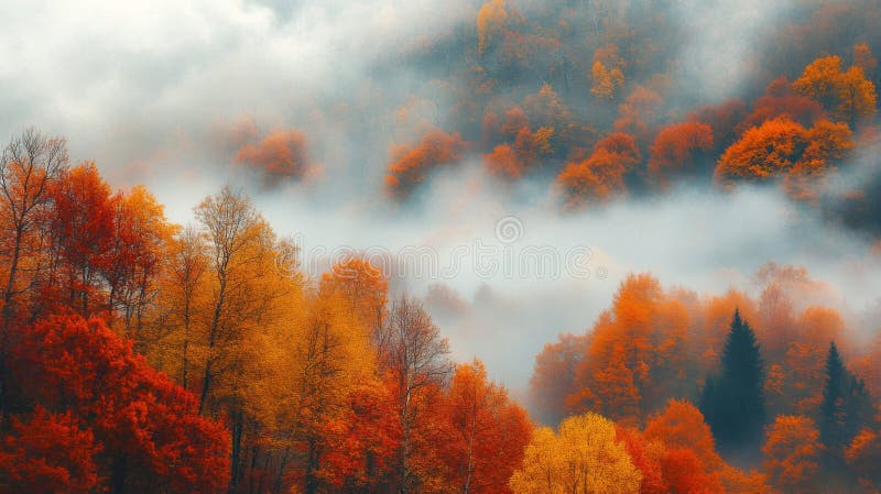 Misty Autumn Forest with Vivid Fall Foliage Stock Illustration - Illustration of fall, autumn ...