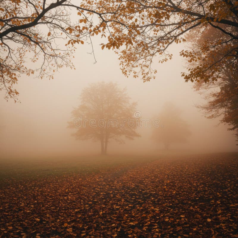 Misty Autumn Landscape with Orange Leaves and Trees Stock Illustration ...