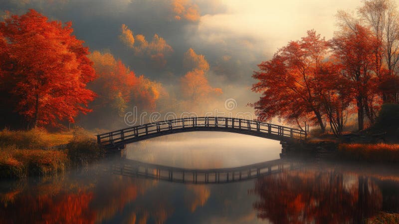 Misty Autumn Morning Bridge and Red Trees Reflection Stock Illustration ...