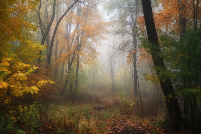 Misty Autumn Morning in the Forest, with Mist Rising among the Trees ...