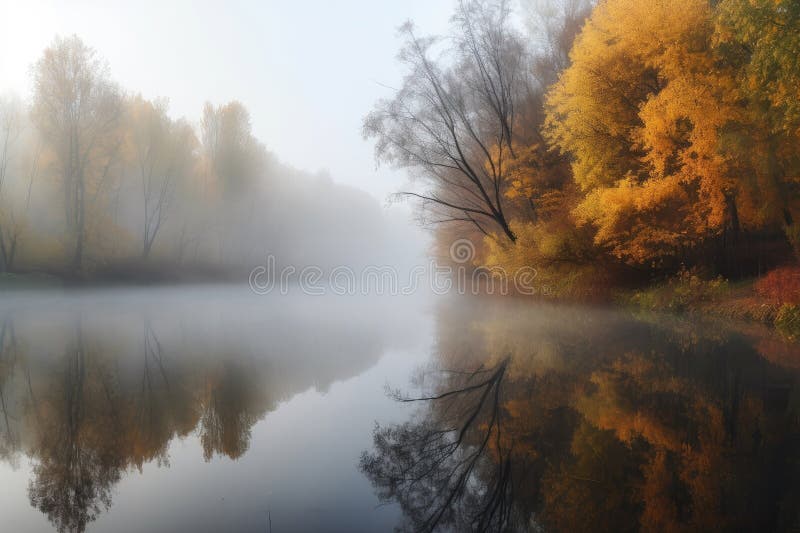 Misty Autumn Morning, with Mist Rising from a Lake and the Reflection ...
