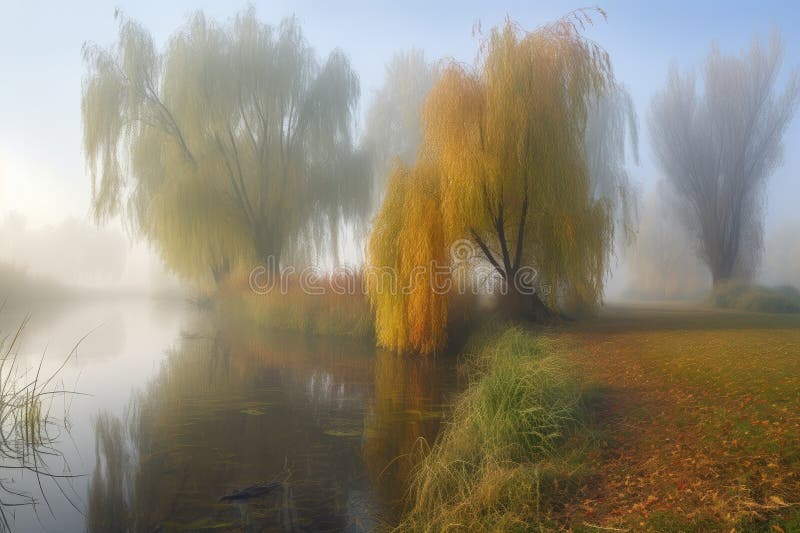 Misty Autumn Morning, with Mist Rising from the Lake and Willow Trees ...