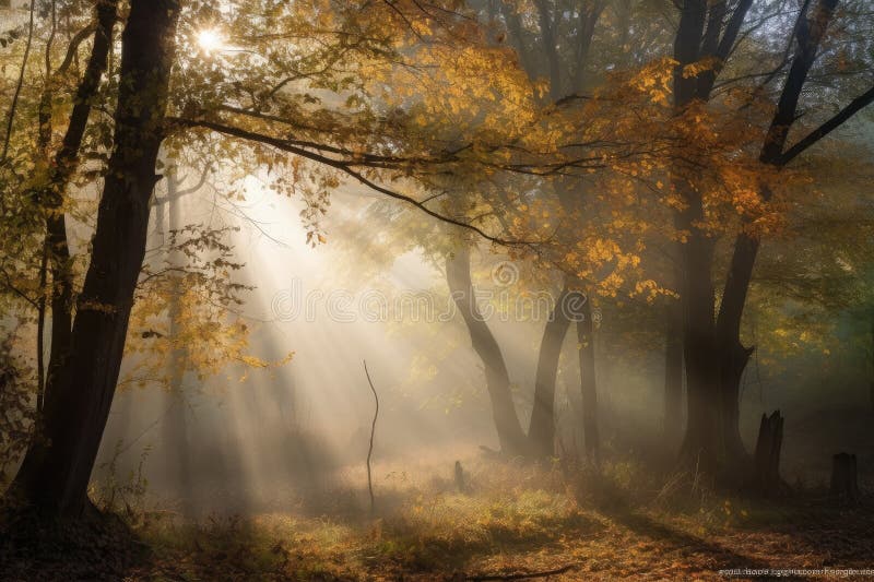 Misty Autumn Morning Sun Rays Peeking through the Mist Stock Photo ...