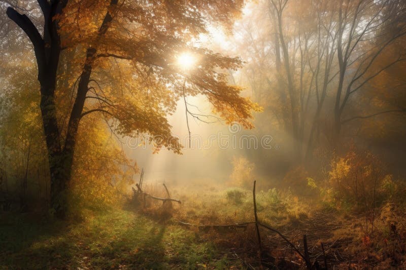Misty Autumn Morning Sun Rays Peeking through the Mist Stock ...