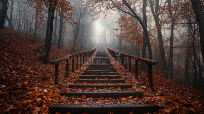 Misty Autumn Staircase through Enchanted Forest in Vibrant Fall Colors ...