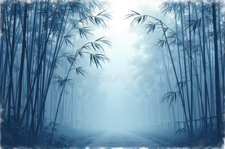 Misty Bamboo Forest Pathway at Dawn with Atmospheric Blue Hues Stock ...