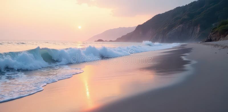 Misty Beach, Waves Barely Visible, Ethereal Glow , Dusk, Sunbeam Stock ...