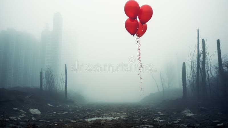 Misty Black and White Landscape with a Red Balloon Flying. AI Generated Stock Illustration ...