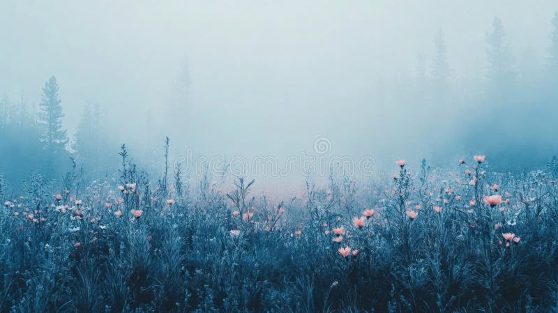 Misty Blue Flower Field at Dawn Stock Illustration - Illustration of ...