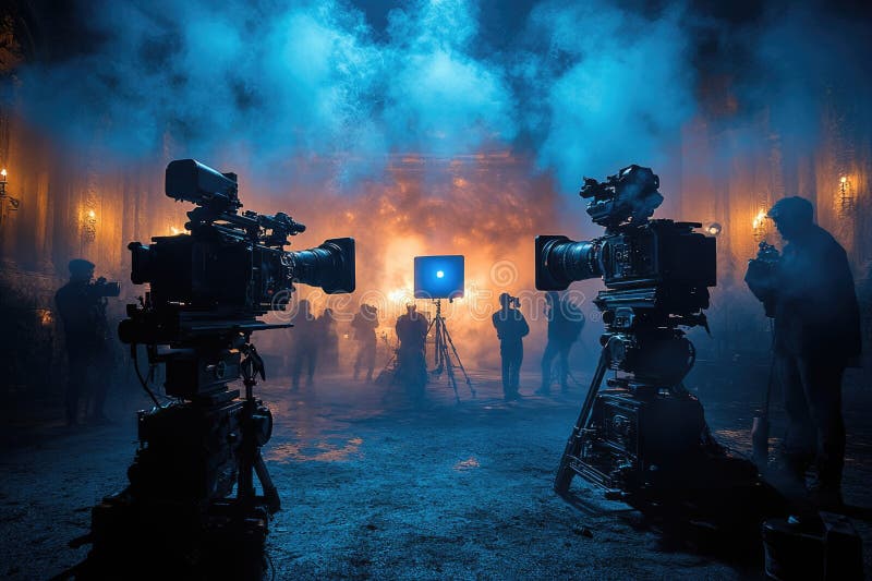 Misty Blue-Lit Studio Atmosphere with Silhouetted Crew and Cameras for ...