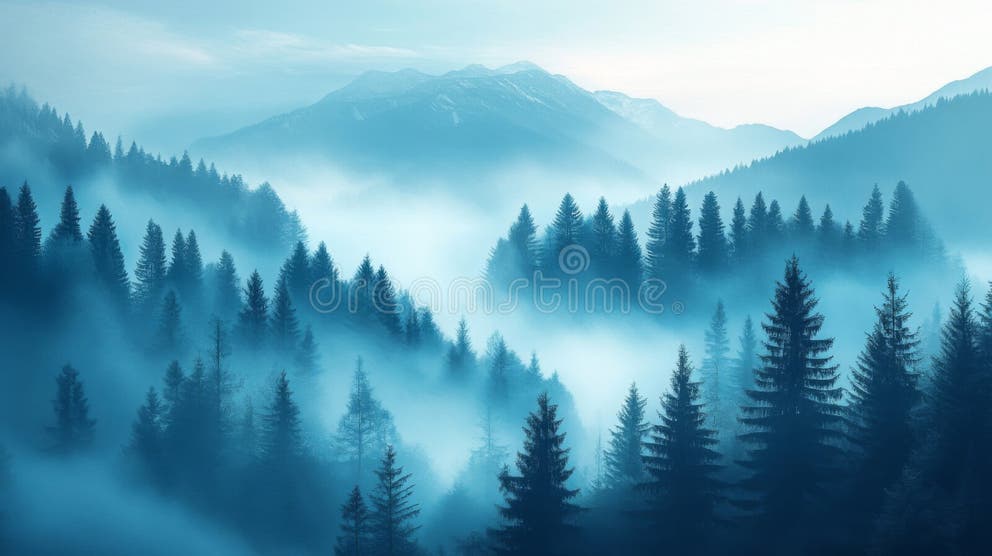 Misty Blue Mountain Forest Landscape Stock Illustration - Illustration ...