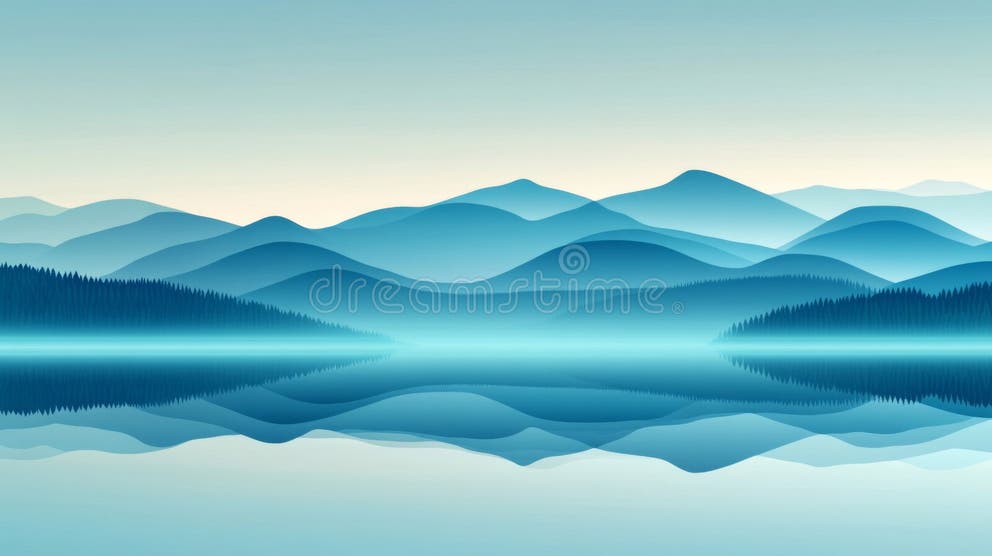 Misty Blue Mountain Lake Panorama Stock Illustration - Illustration of ...