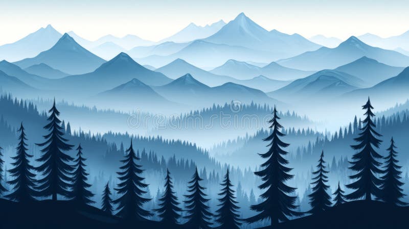 Misty Blue Mountain Range with Silhouetted Trees Stock Illustration ...