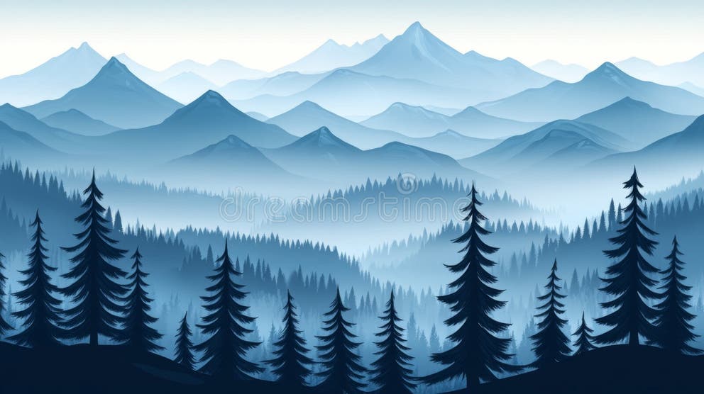 Misty Blue Mountain Range with Silhouetted Trees Stock Illustration ...