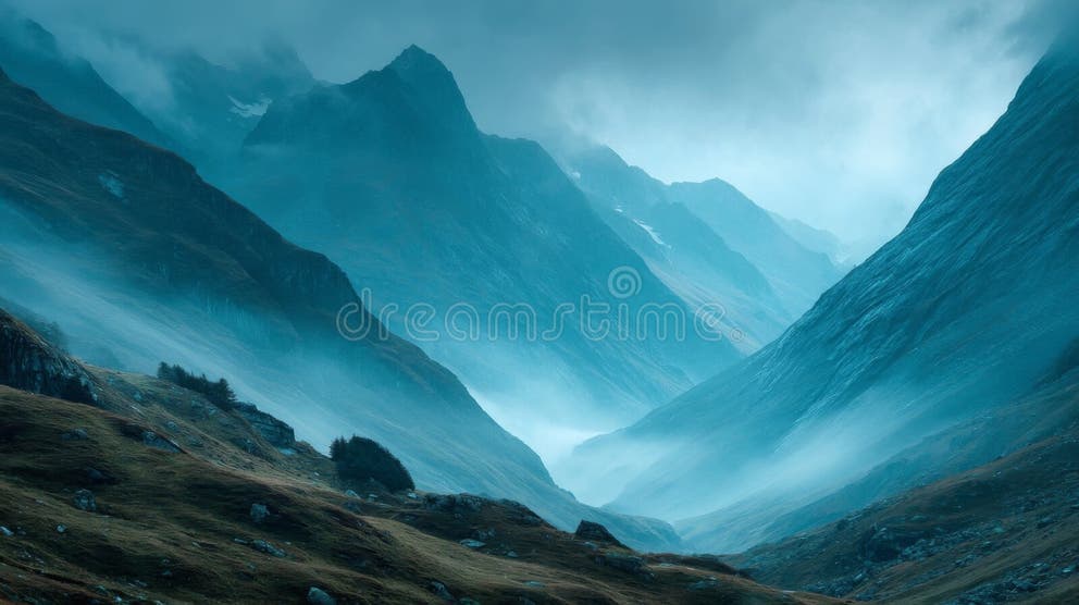 Misty Blue Mountains Landscape Stock Illustration - Illustration of ...