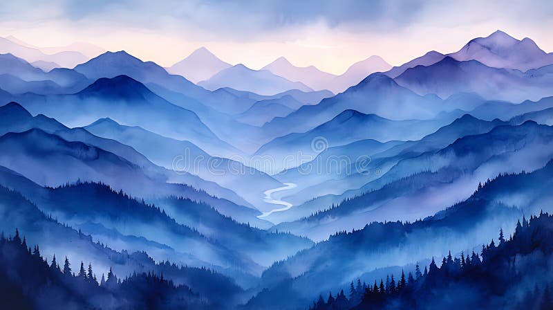 Misty Blue Mountains, River Valley, Sunrise, Artwork, Print Stock ...