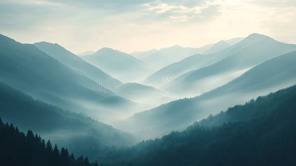 Misty Blue Mountains at Sunrise Stock Illustration - Illustration of ...