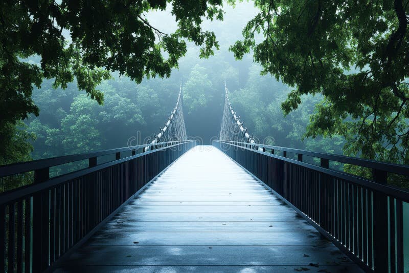 Misty Bridge Leading through a Forest Pathway on a Rainy Day Stock ...