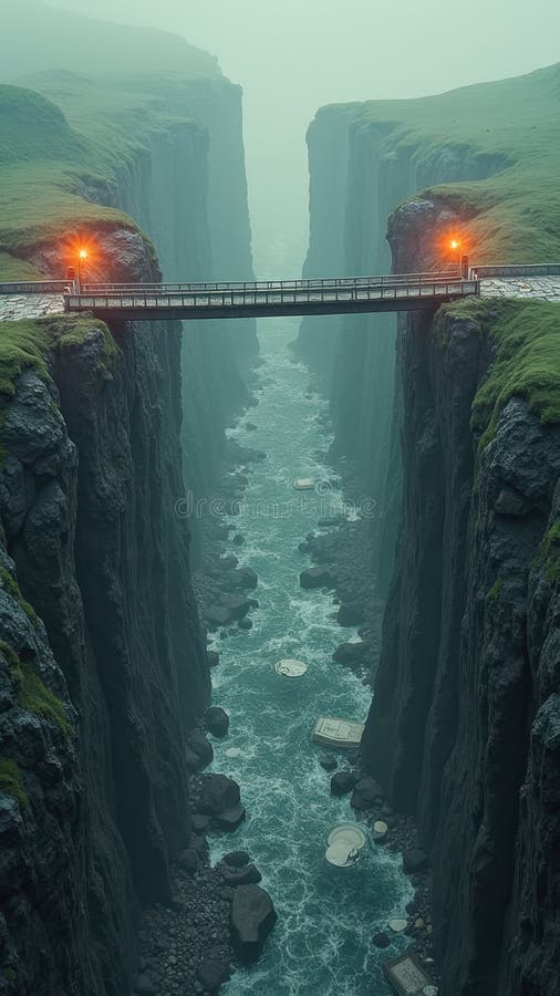 Misty Canyon Bridge Over Rugged Gorge with Flowing River and Orange ...
