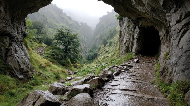 Misty Cave Entrance with Rocky Path and Lush Greenery Stock Illustration - Illustration of ...