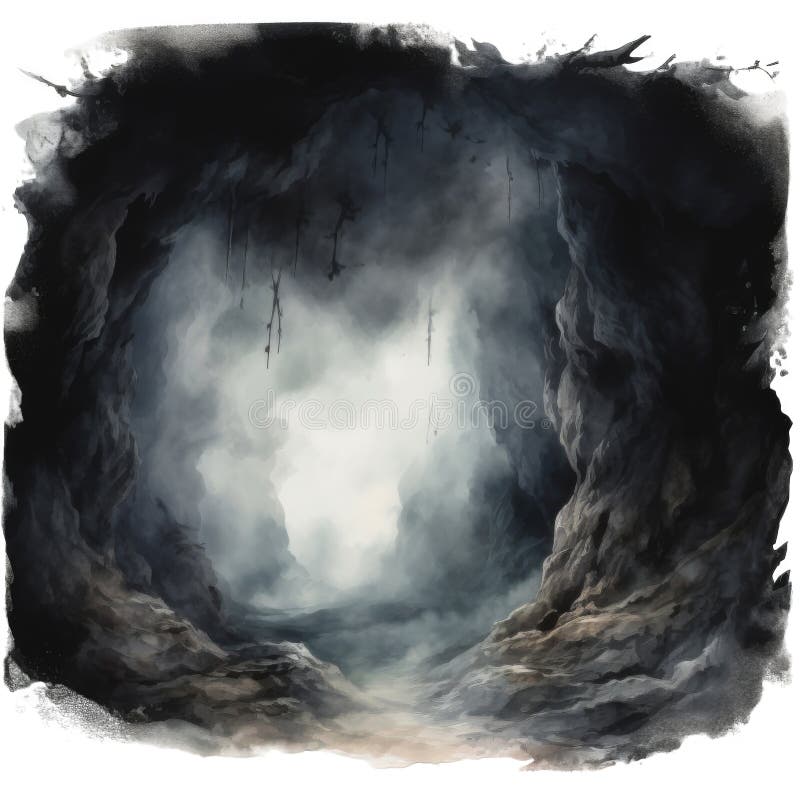 Misty Cave Entrance with Stalactites Stock Image - Illustration of ...