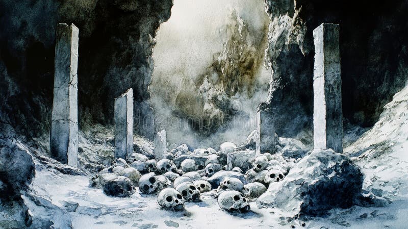 Mystical Cave Altar Shrouded in Mist, Surrounded by Ancient Columns and ...