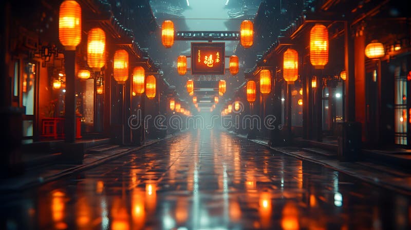 Misty Chinese Alleyway with Lanterns Stock Illustration - Illustration ...