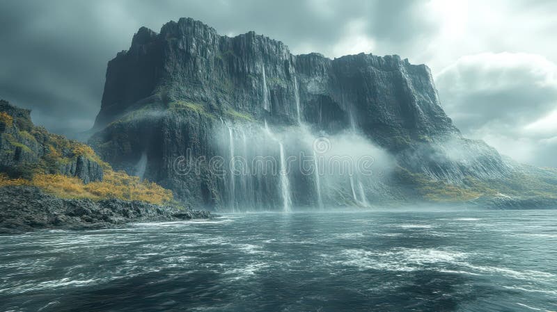 Misty Cliffs, Cascading Waterfalls Stock Illustration - Illustration of ...