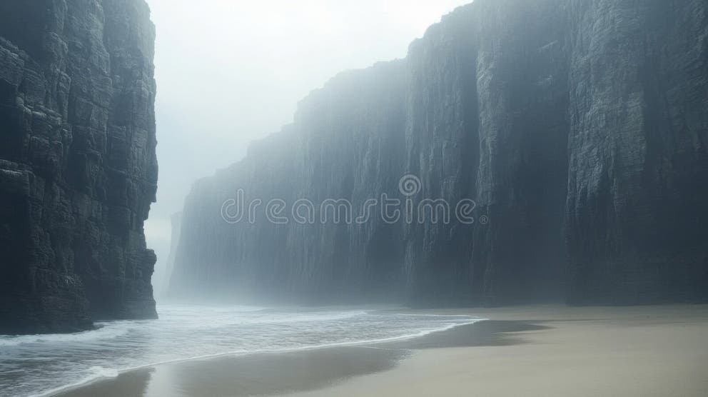 Misty Cliffs Enveloping a Secluded Coastal Beach Stock Illustration ...