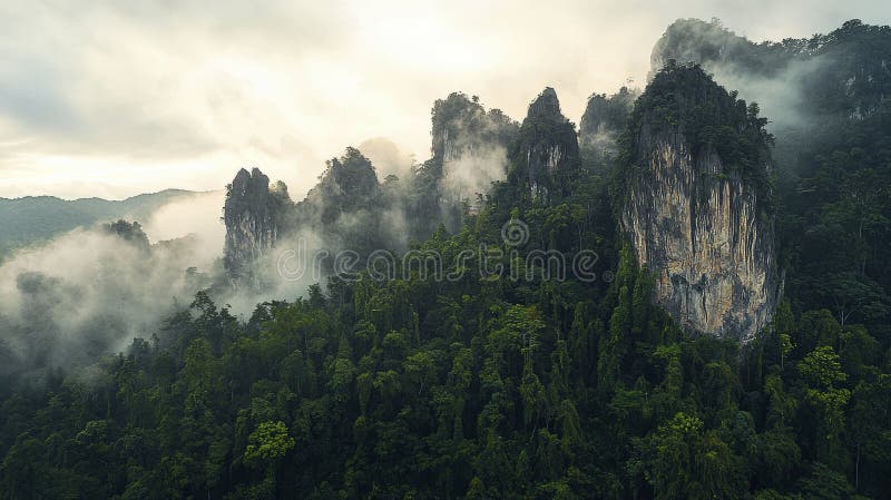 Misty Cliffs Surrounded by Dense Tropical Rainforest Stock Illustration ...