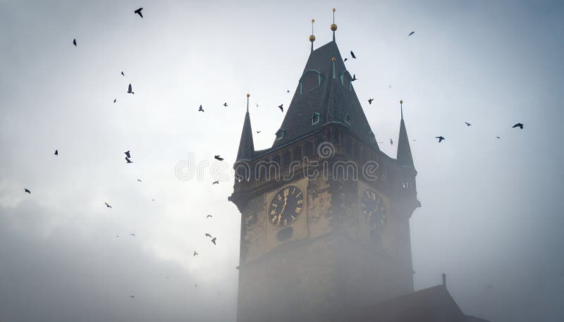 Prague Astronomical Clock Tower in Fog Stock Photo - Image of ...