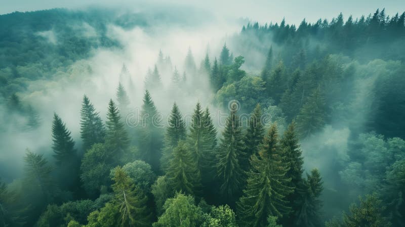 Misty Clouds Float Low Over Lush Coniferous Forest, Aerial View Stock ...