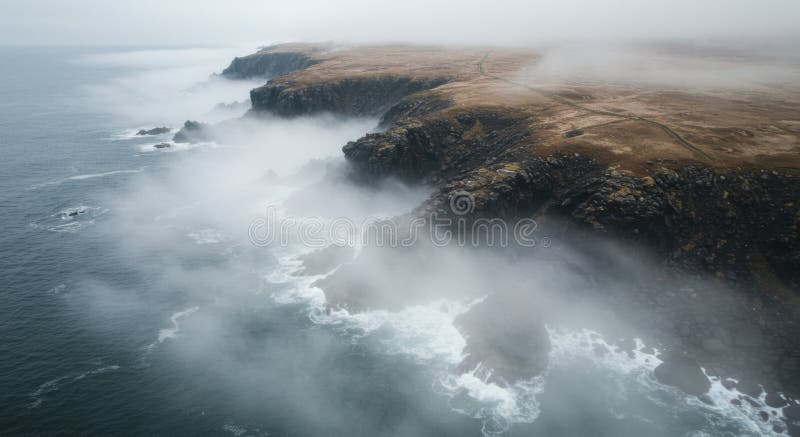 Misty Coastal Cliffs and Ocean Waves Stock Illustration - Illustration ...