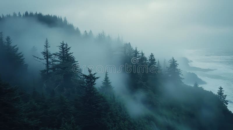 Misty Coastal Forest with Evergreen Trees and Ocean Waves in a Serene ...