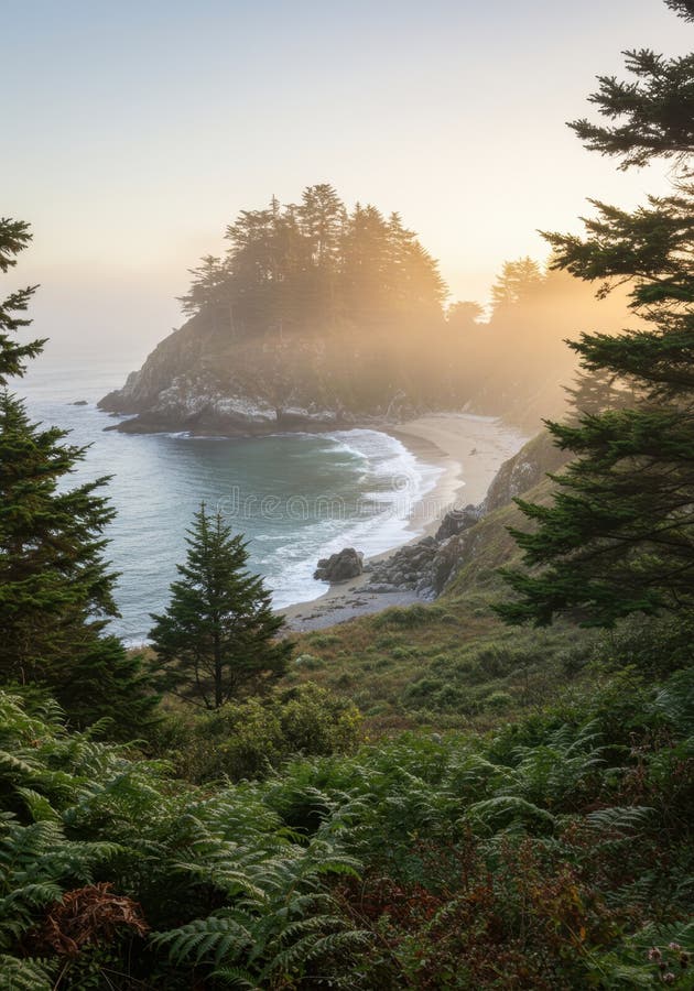 Misty Coastal Sunset Landscape with Golden Light Stock Illustration ...