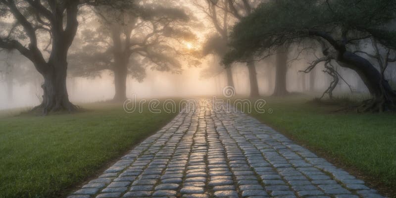 A Misty Cobblestone Path Illuminated by Warm Sunlight in a Tranquil ...