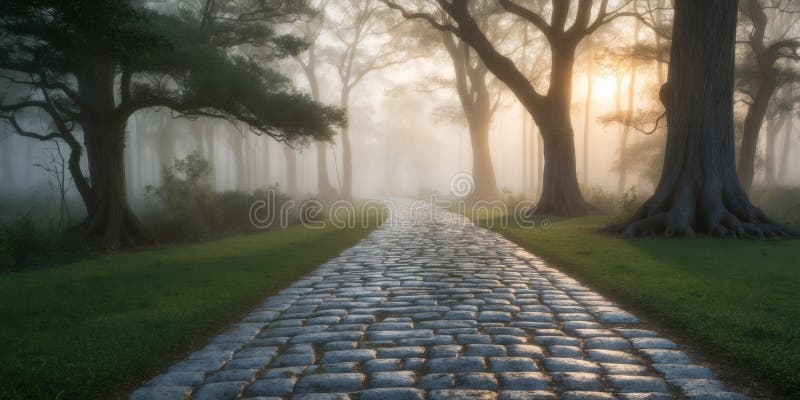 A Misty Cobblestone Path Illuminated by Warm Sunlight in a Tranquil ...