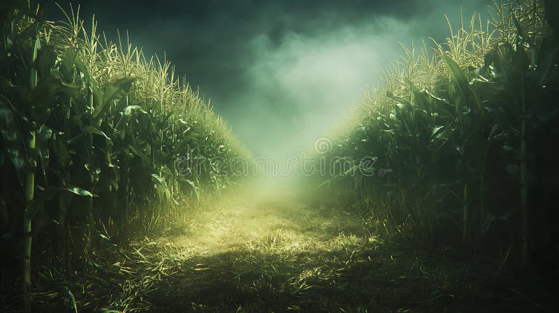 Misty Cornfield with Ripe Corn Plants on Either Side, Creating ...