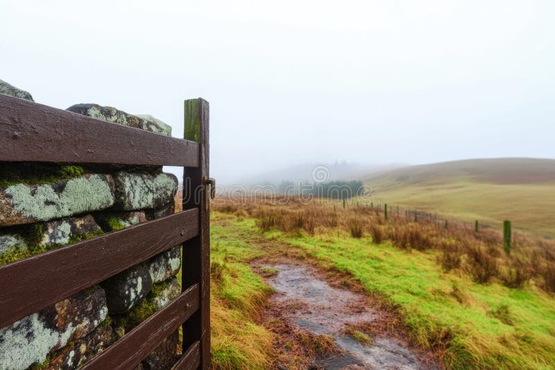 Misty Countryside Path with Wooden Gate and Stone Wall Stock Image ...