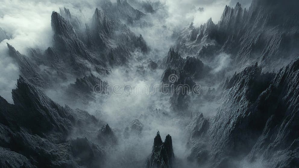 Misty, Dark, Rocky Mountain Range Landscape Stock Photo - Image of ...