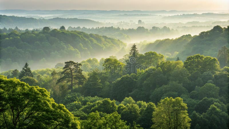 Misty Dawn Forest Aerial View Stock Illustration - Illustration of altitude, landscape: 388014144