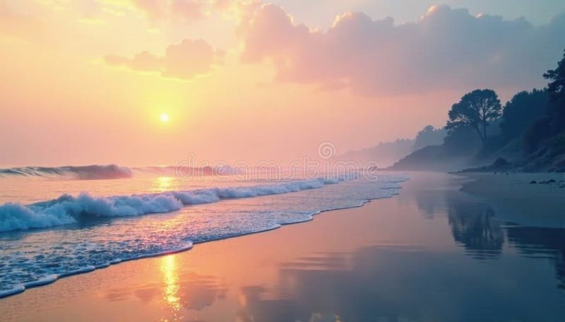 Misty Dawn, Gentle Waves Caress the Shore Soft Light, Tranquil Scene ...